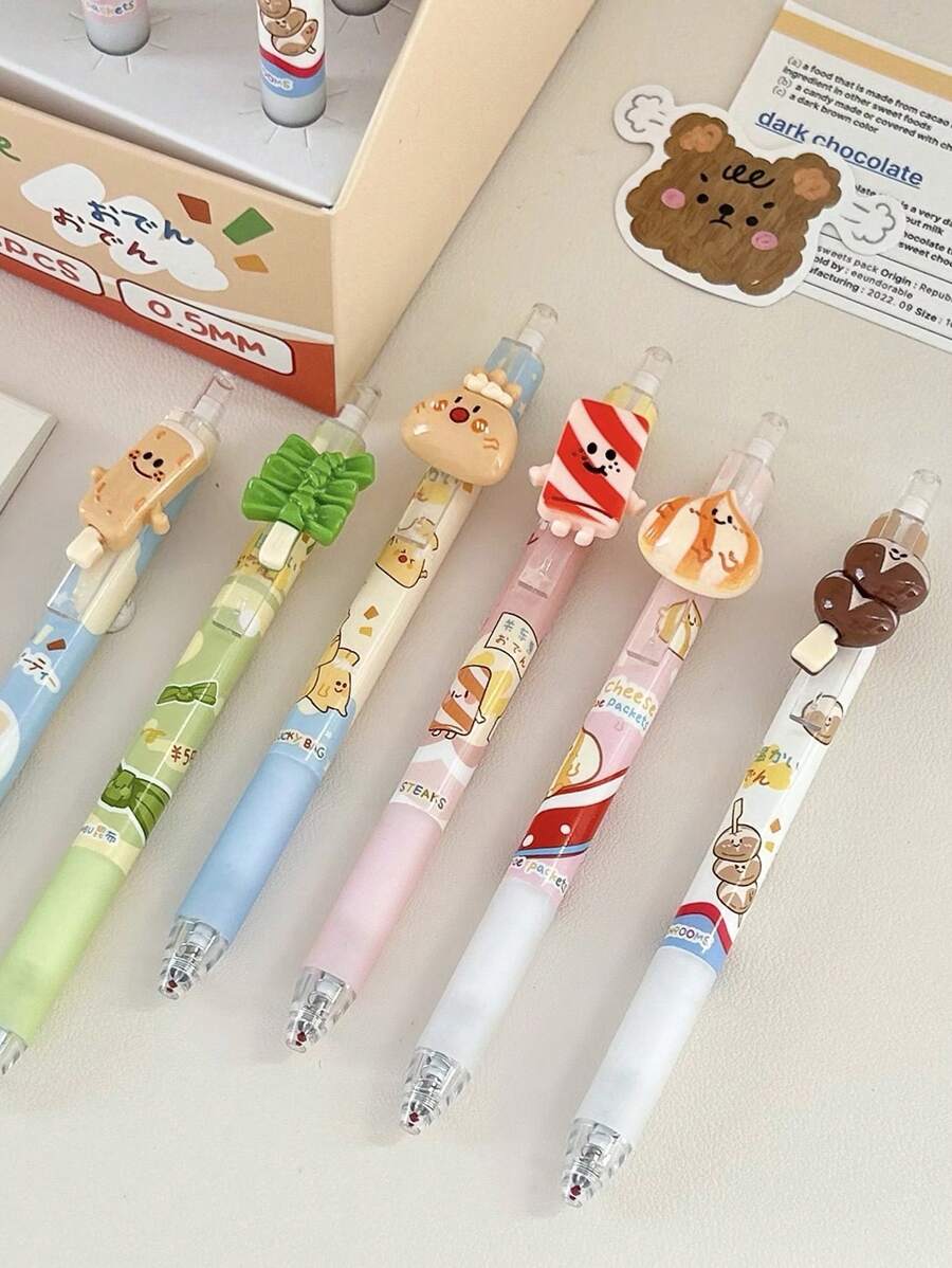 1 Pack/6 Pieces, 0.5mm Black Click Ballpoint Pen, Magic Calorie Cartoon ...