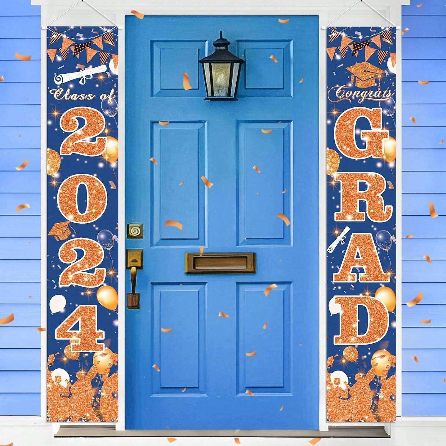 1set/2pcs 2024 Graduation Porch Door Decorations Orange Blue Class Of ...