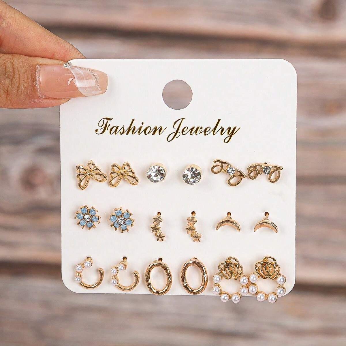 9pairs New Heart Plum Blossom Inlaid Rhinestone Pearl Earrings Set ...