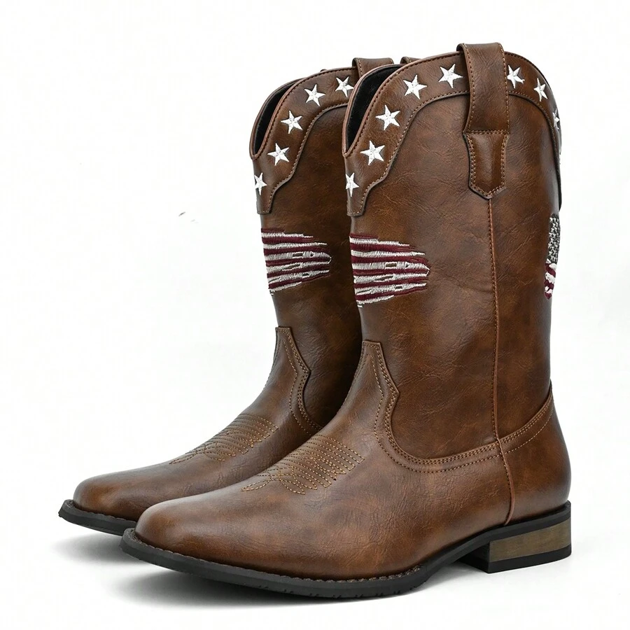 Botas de cowboy masculinas com bico quadrado, bordado, cano reto e ...