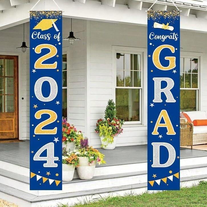 1set/2pcs Graduation Decorations 2024 GRAD Banner Blue Porch Door Sign ...