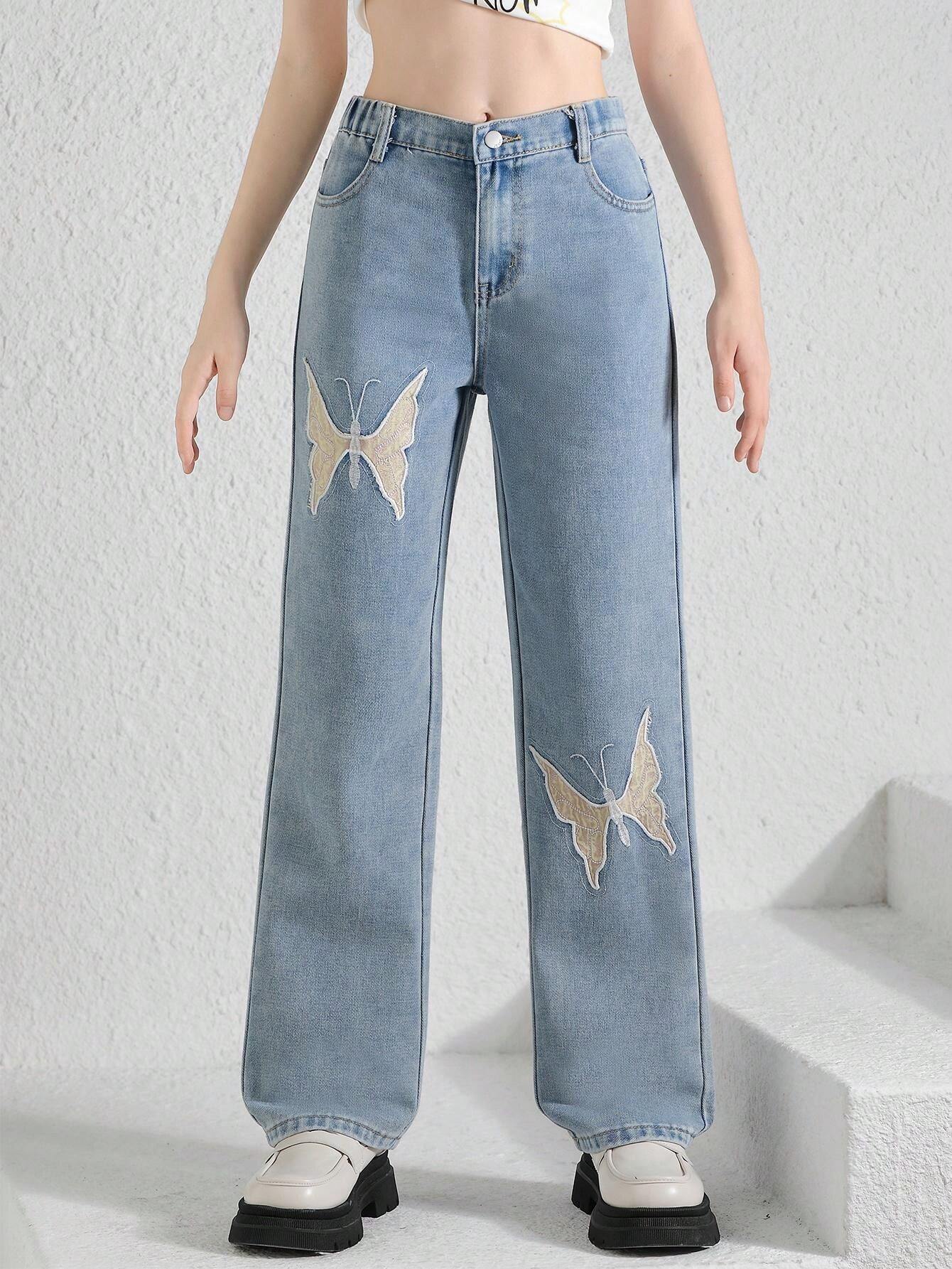 Jean décontracté à taille haute et jambes droites avec broderie de ...