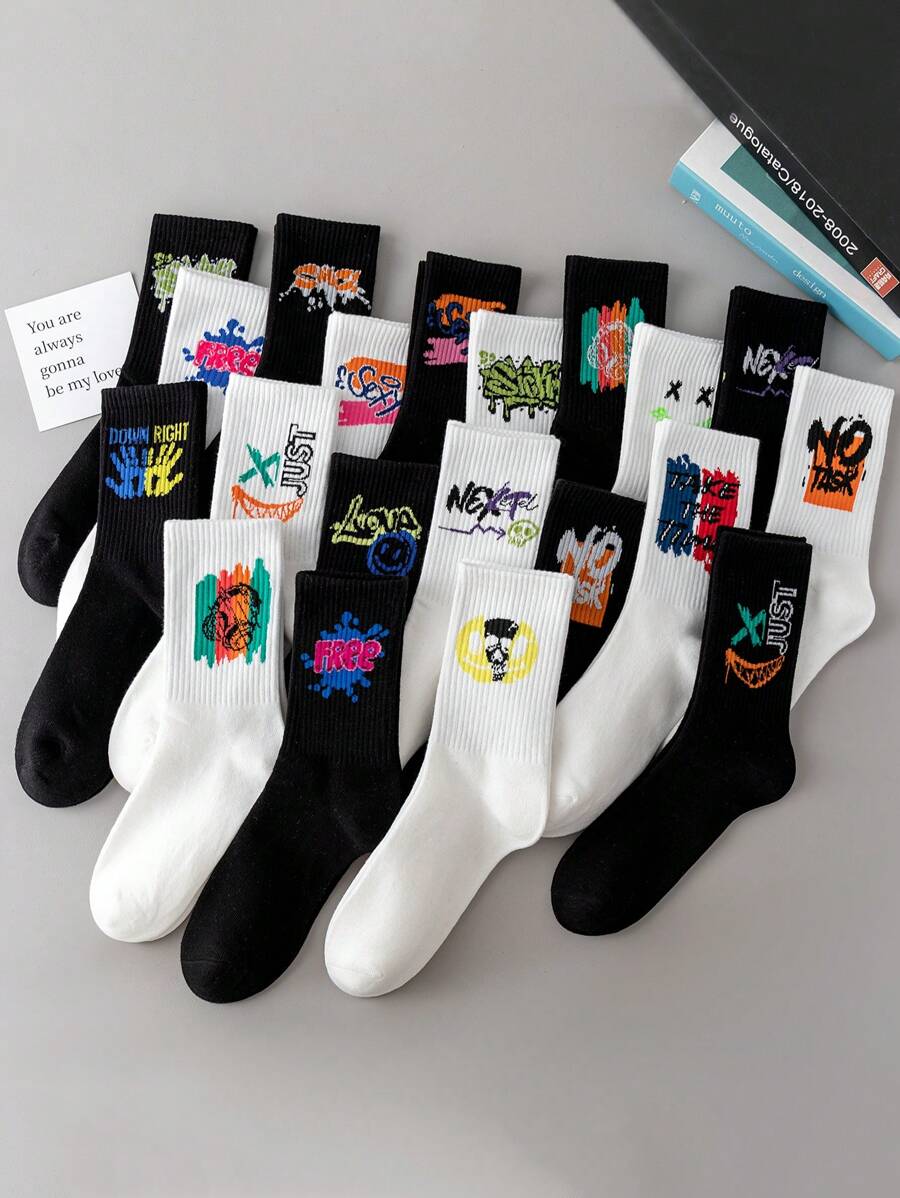 10 Pairs Random Style Black & White Unisex Trendy Graffiti Design Mid ...