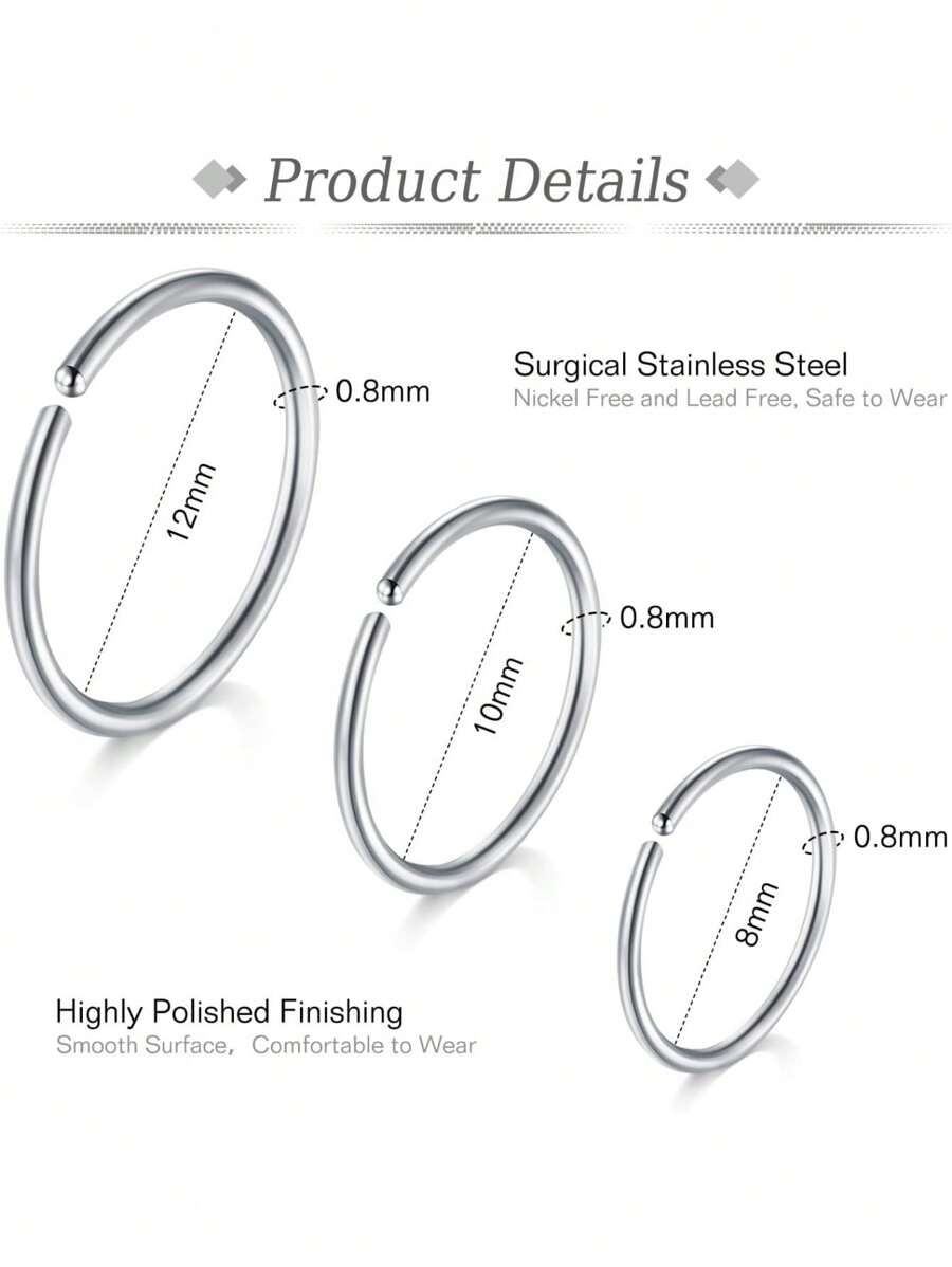 18 piezas de anillos de naríz de 20G aros, anillos de nariz en forma de L sin rosca, espárragos ...