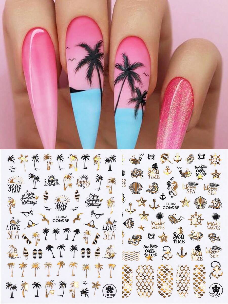 2 Sheets Summer Coconut Tree Nail Sticker Holographic Black Gold Leaf ...