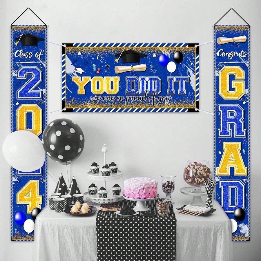1set/3pcs Graduation Decorations Class Of 2024 Blue And Gold Class Of ...