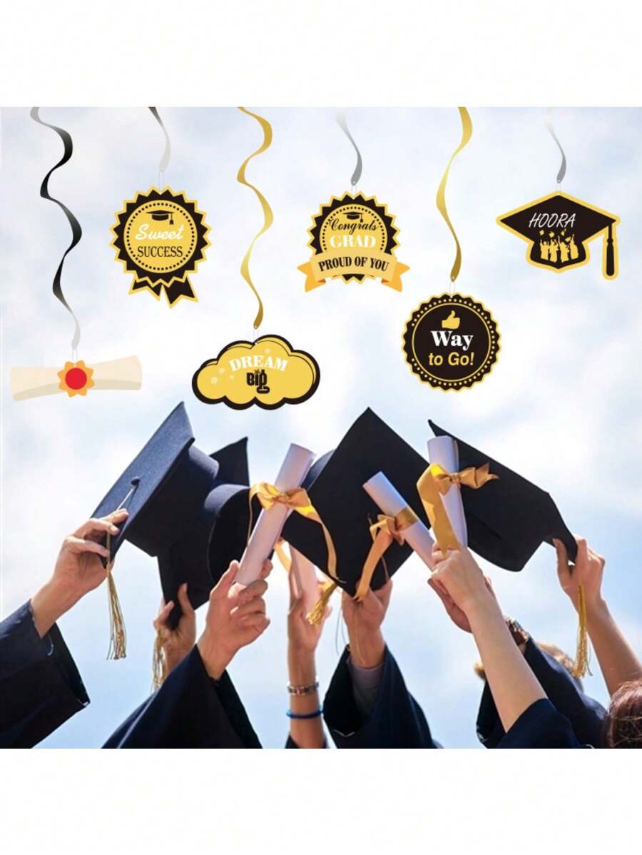 A Set Of 6pcs Graduation Season Spiral Hanging PVC Black Gold Spiral ...