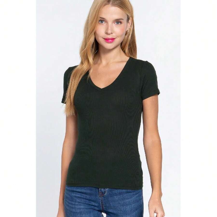 Short Sleeve V-Neck Rib Top | SHEIN USA