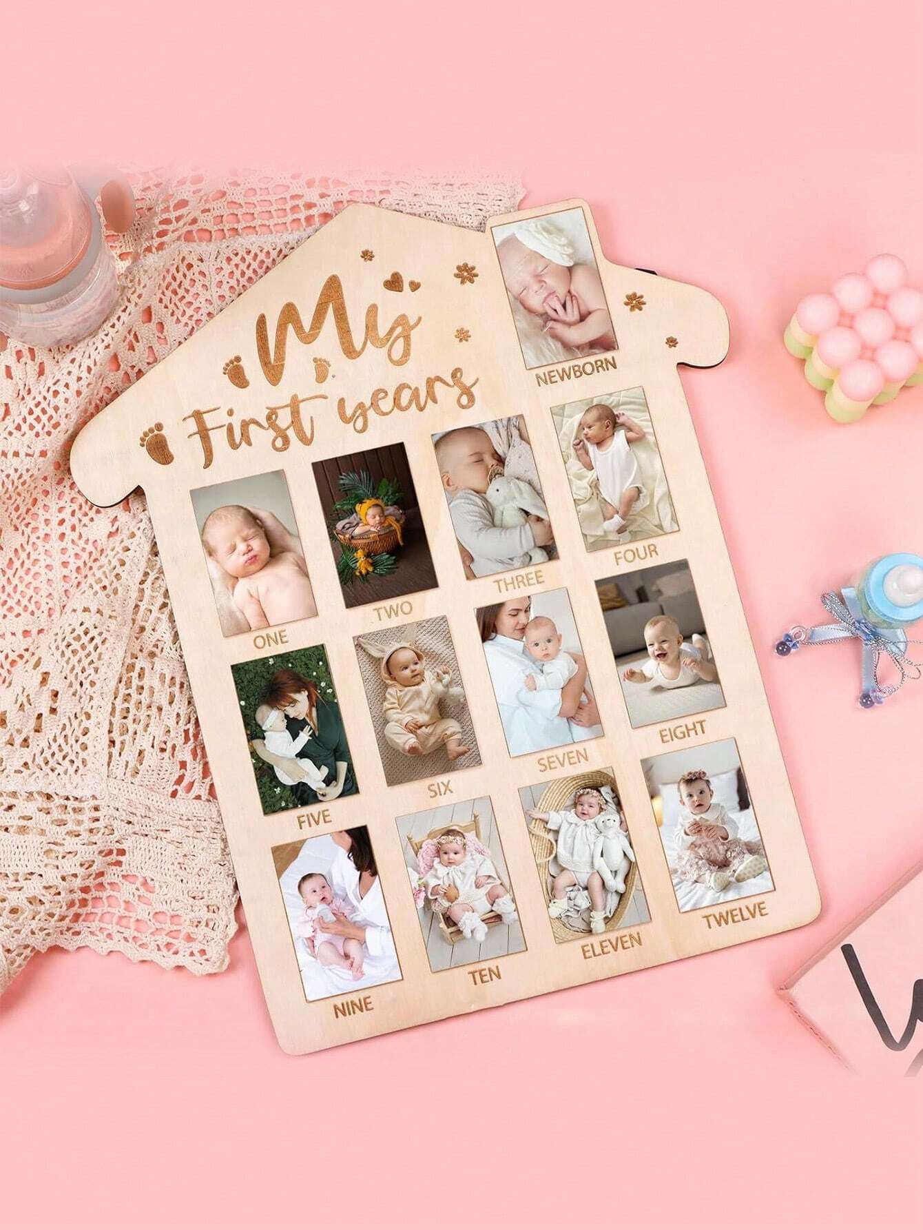 1pc Wooden Baby Milestone Frame With Newborn Month Card And Photo ...