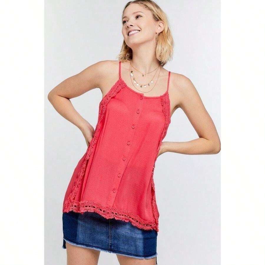 Boho Scallop Lace Trim Detailed Button Down Solid Subtle Textured Slit ...