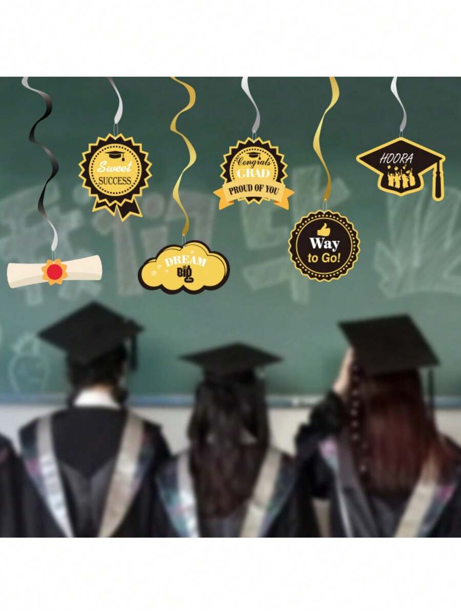 A Set Of 6pcs Graduation Season Spiral Hanging PVC Black Gold Spiral ...