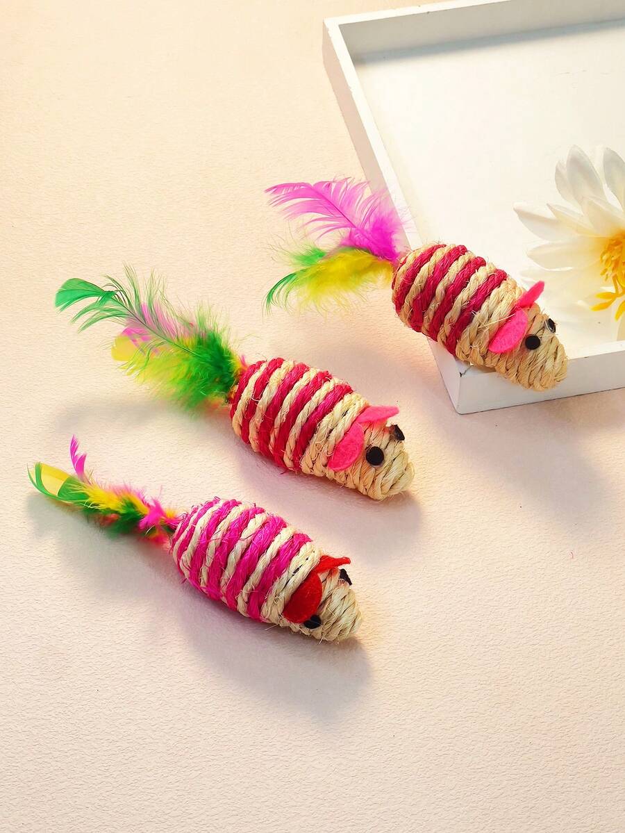1pc Colorful Feathers Rope Rat & Cat Toy, Striped Mouse Scratching ...