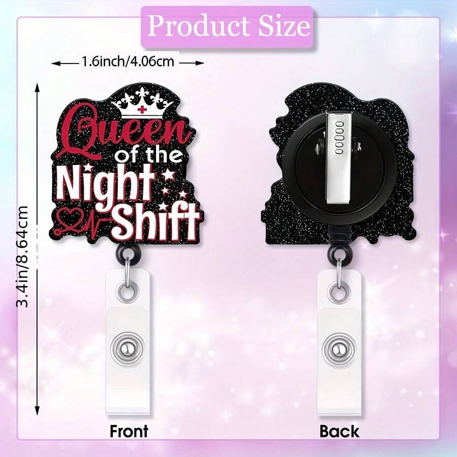 Queen Of The Night Shift Retractable Black Glitter Badge Reel With ...