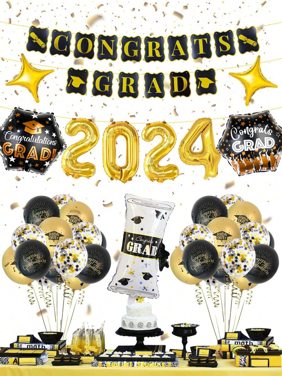 Set de 34 piezas de globos negros y dorados para graduación 2024 ...