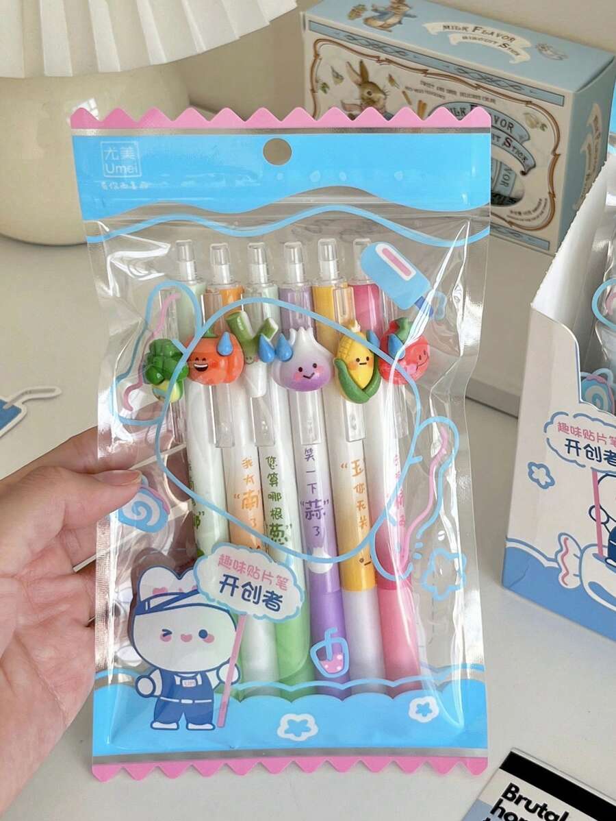 1 Pack/6pcs, 0.5mm Black Click Ballpoint Pen With Magic Cartoon Calorie ...