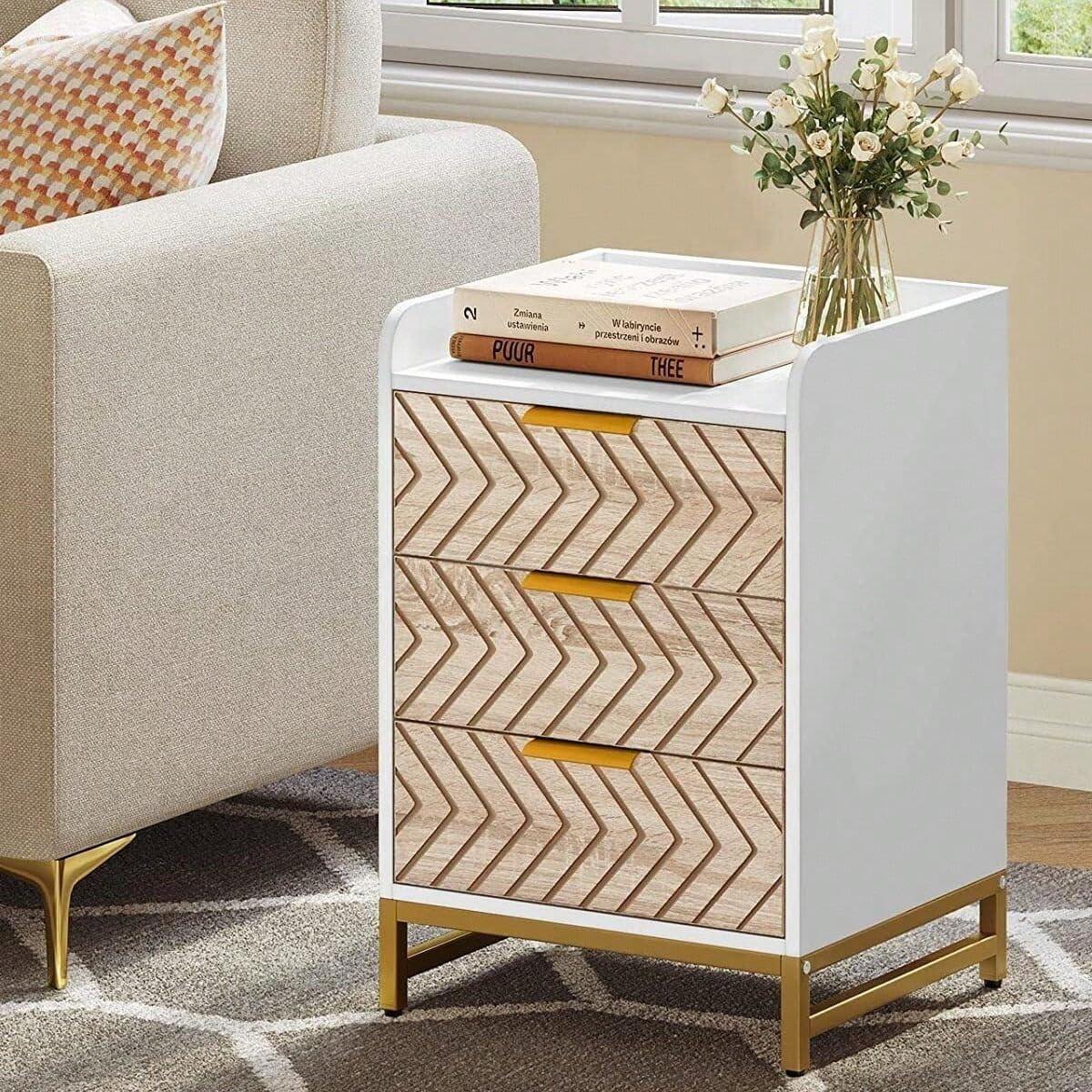 Side Table With 3 Drawers, Modern Bedside End Table Nightstand With ...