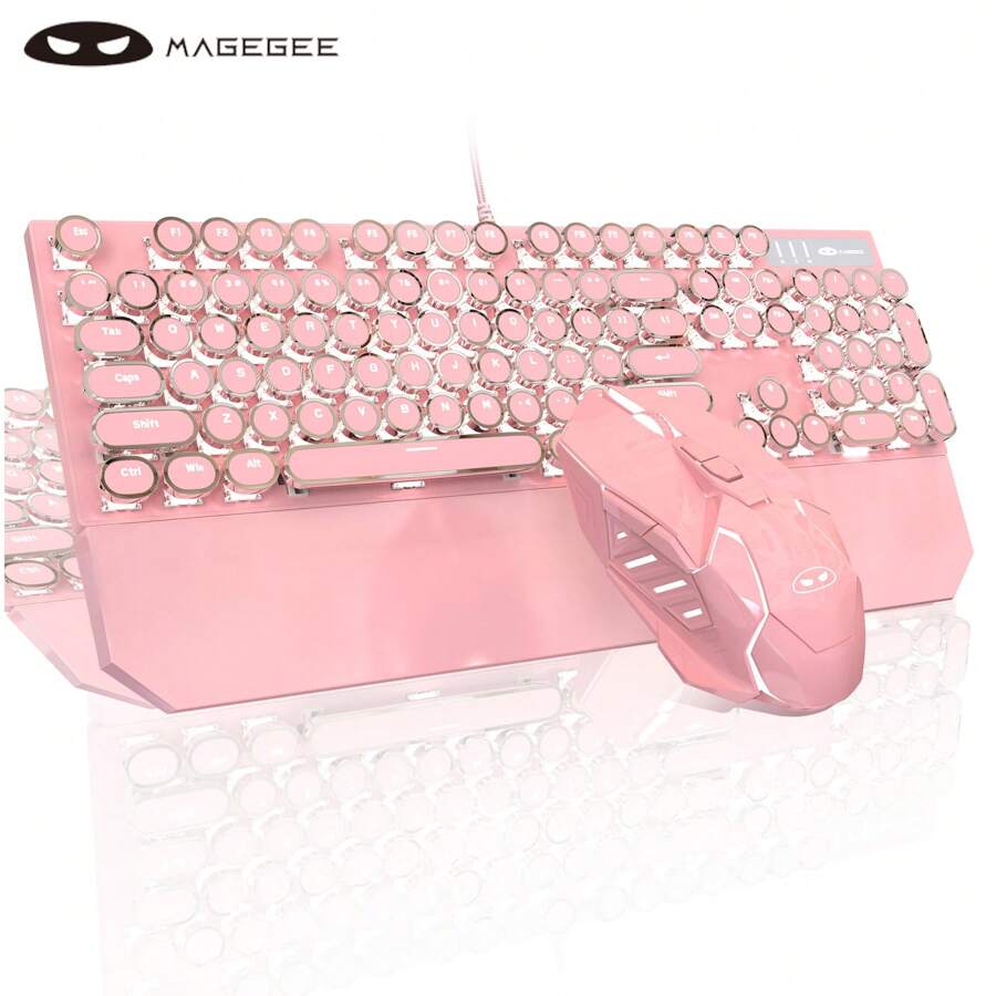 MageGee Typewriter Mechanical Gaming Keyboard And Mouse Combo, Pink ...