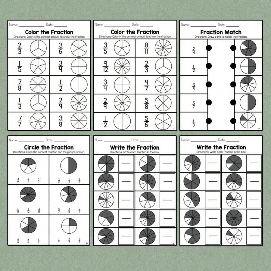 24 Pages Fractions Math Workbook Math For Kindergarten And Preschoolers ...