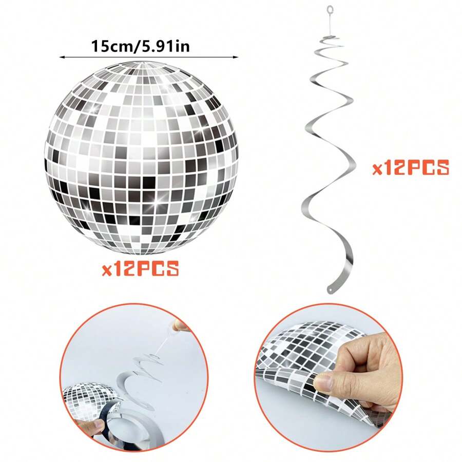 12pcs/Set Silver Disco Swirl Hanging Decorations For 70s Disco Ball ...