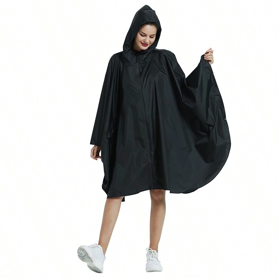 Solid Waterproof Reusable Rain Poncho For Water Park, Zip Up Hooded ...