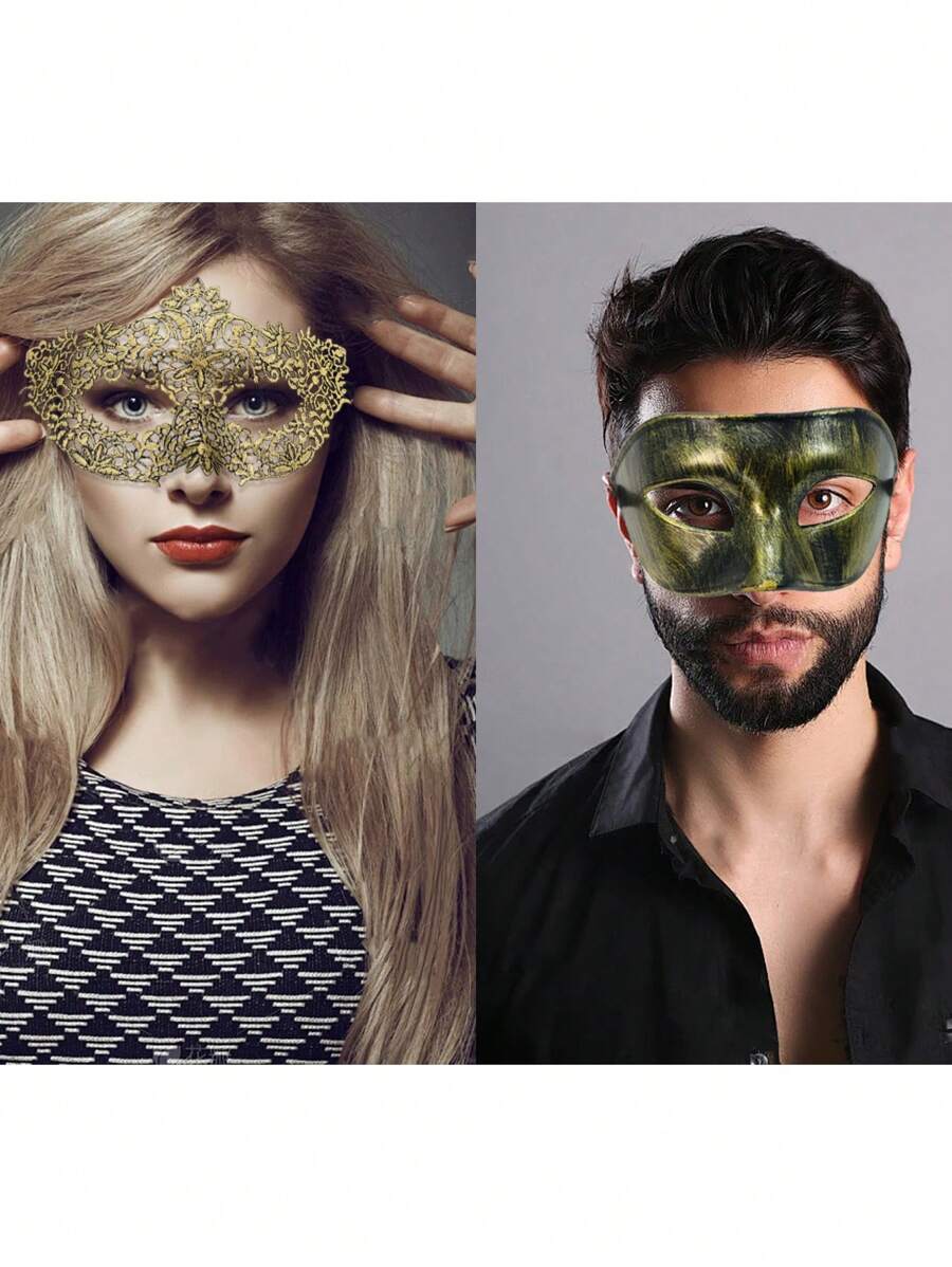 2 Pcs Black And Gold Masquerade Ball Lace Plastic Venetian Party ...