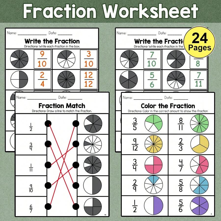 24 Pages Fractions Math Workbook Math For Kindergarten And Preschoolers ...