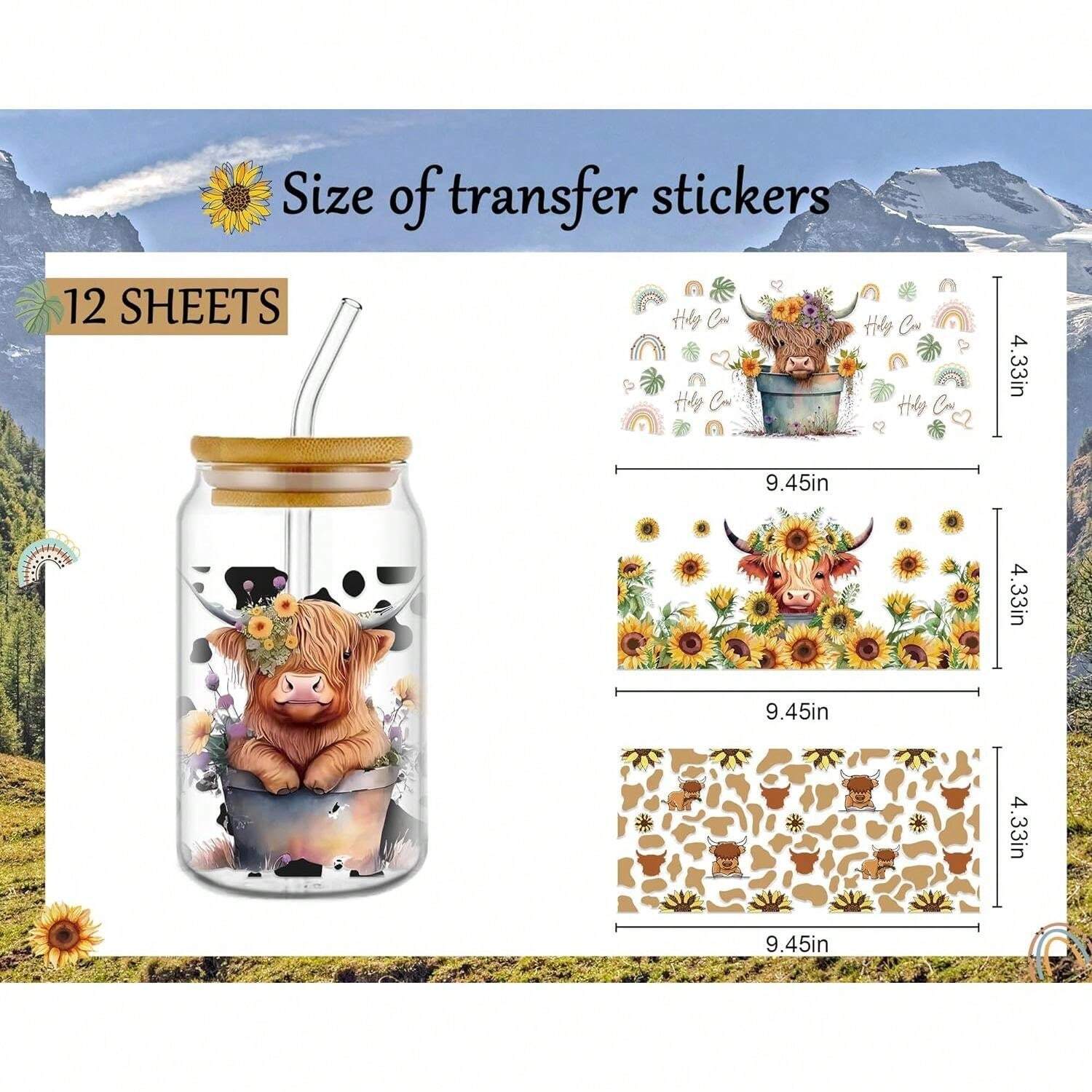 12 Sheets Highland Cow UV DTF Cup Wraps For 16 Oz Uvdtf Cup Wraps Cow ...