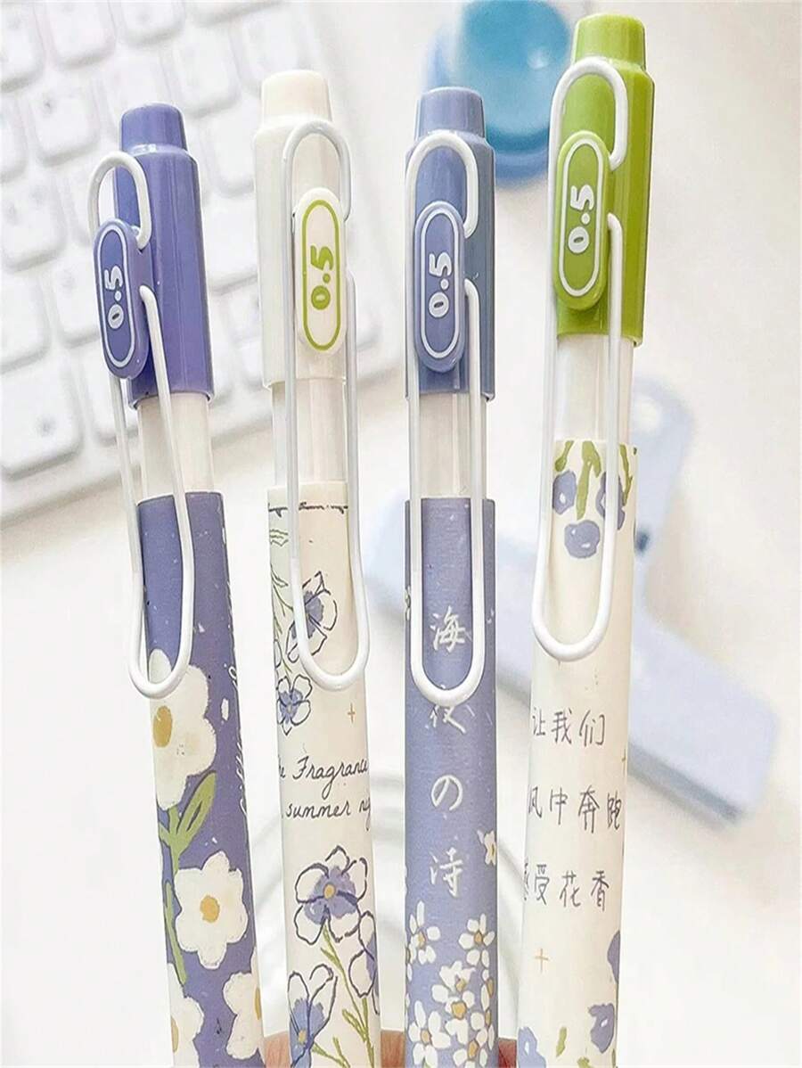 4Pcs Random Press Cartoon Flower Gel Pens Cute Pens 0.5mm Black Ink ...