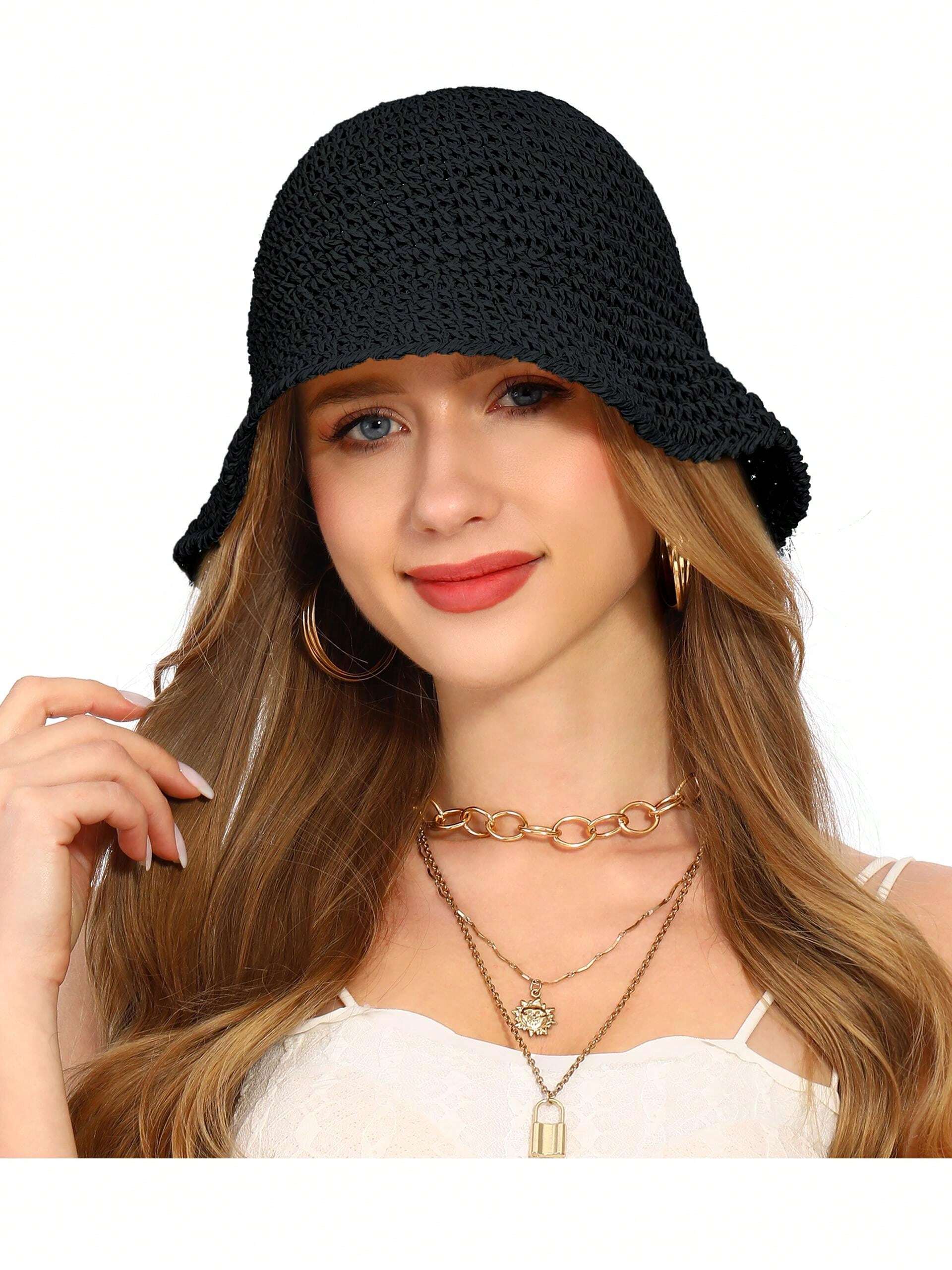 Women Sun Hat Handmade Straw Bucket UV Protection Wide Brim Packable ...