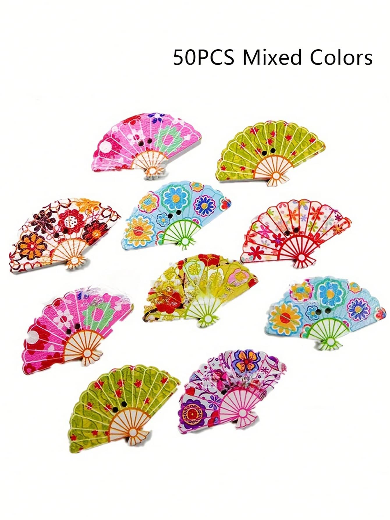 50pcs Colorful Wooden Fan Buttons Wooden Cartoon Fan Painted Wooden ...