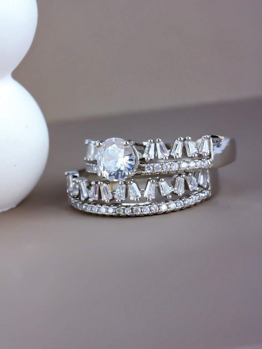 1 set de anillo elegante y de moda con relieve geométrico de circonita cúbica y detalles huecos ...