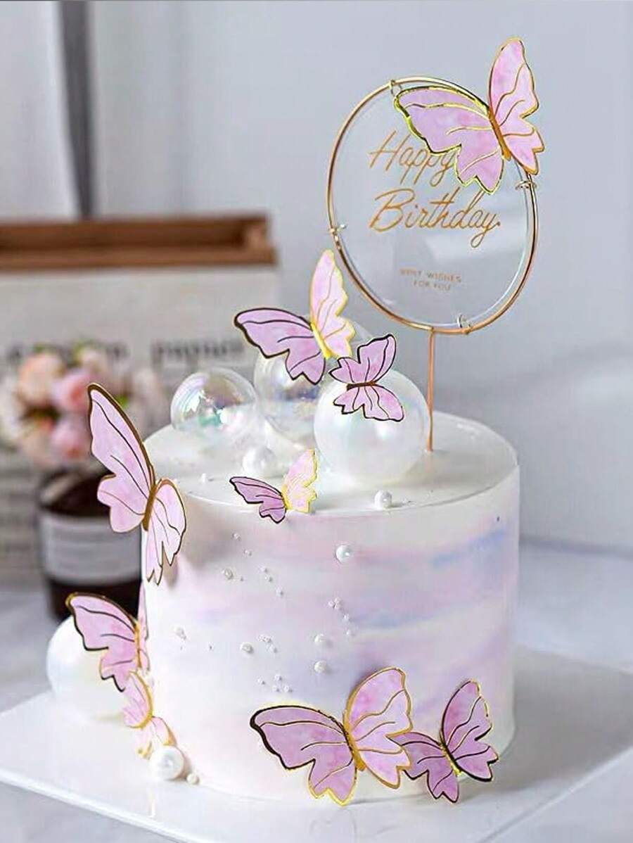 11 Pieces Pink Or Purple Gold Butterfly Cake Toppers, Happy Birthday ...