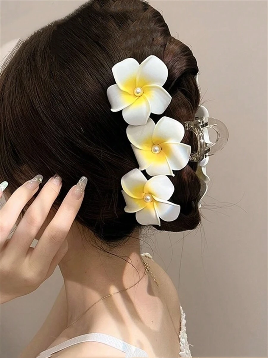 1pc Women's Plastic Hair Claw With Three Camellia Flowers, New Spring ...