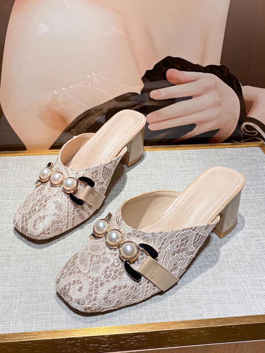 Backless Slip-On Slippers, Closed Toe Gold Silk Chunky Heels With Chain ...