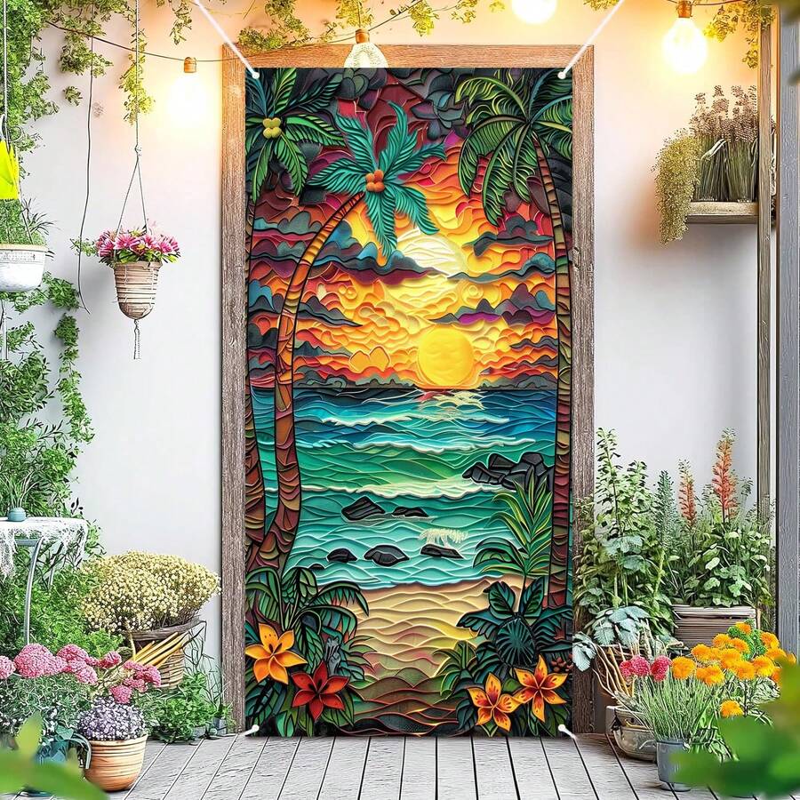 70x35 Inch Summer Door Cover Banner Coconut Tree Beach Sunset Banner ...