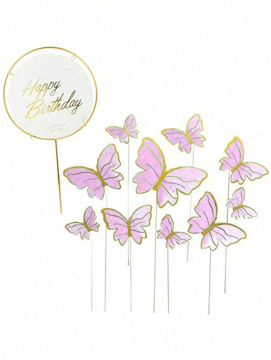 11 Pieces Pink Or Purple Gold Butterfly Cake Toppers, Happy Birthday ...
