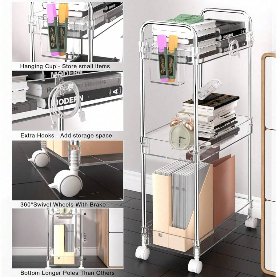 3 Tier Acrylic Storage Rolling Cart Clear Bathroom Cart Organizer ...