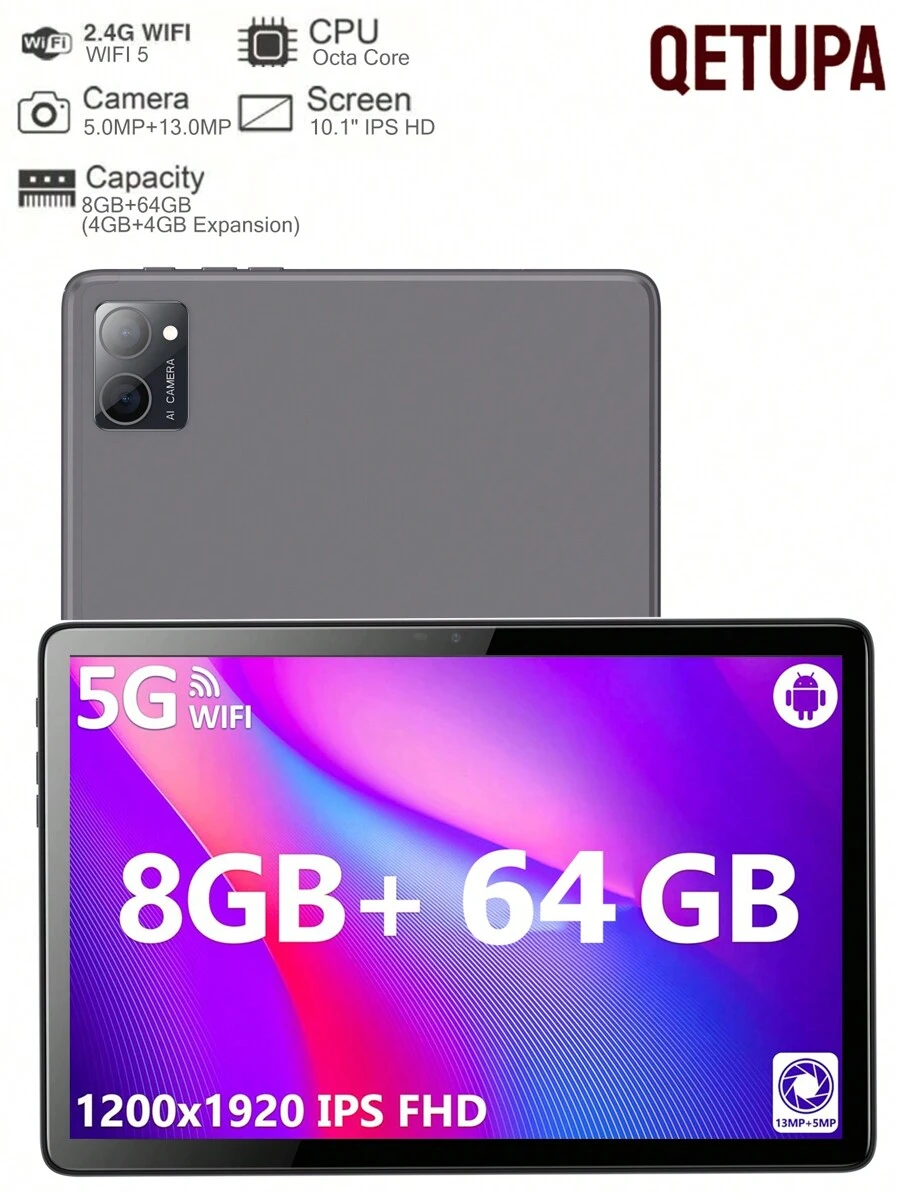 Qetupa 10.1 Inch Android 13 Tablet,8+64GB,5MP+13MP HD Camera Call ...