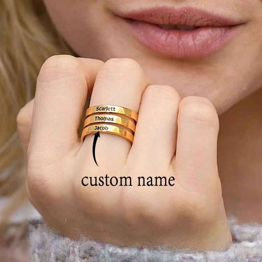 Gold Custom Engraved Double Name Ring Couple Hollow Personalised ...