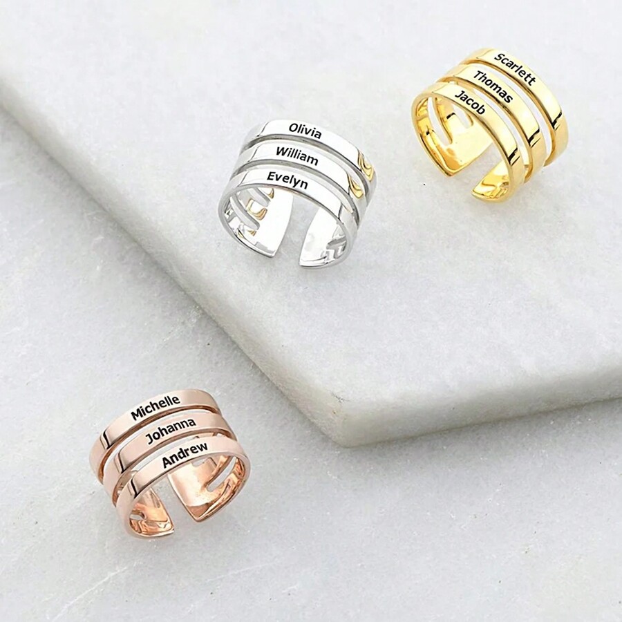 Gold Custom Engraved Double Name Ring Couple Hollow Personalised ...