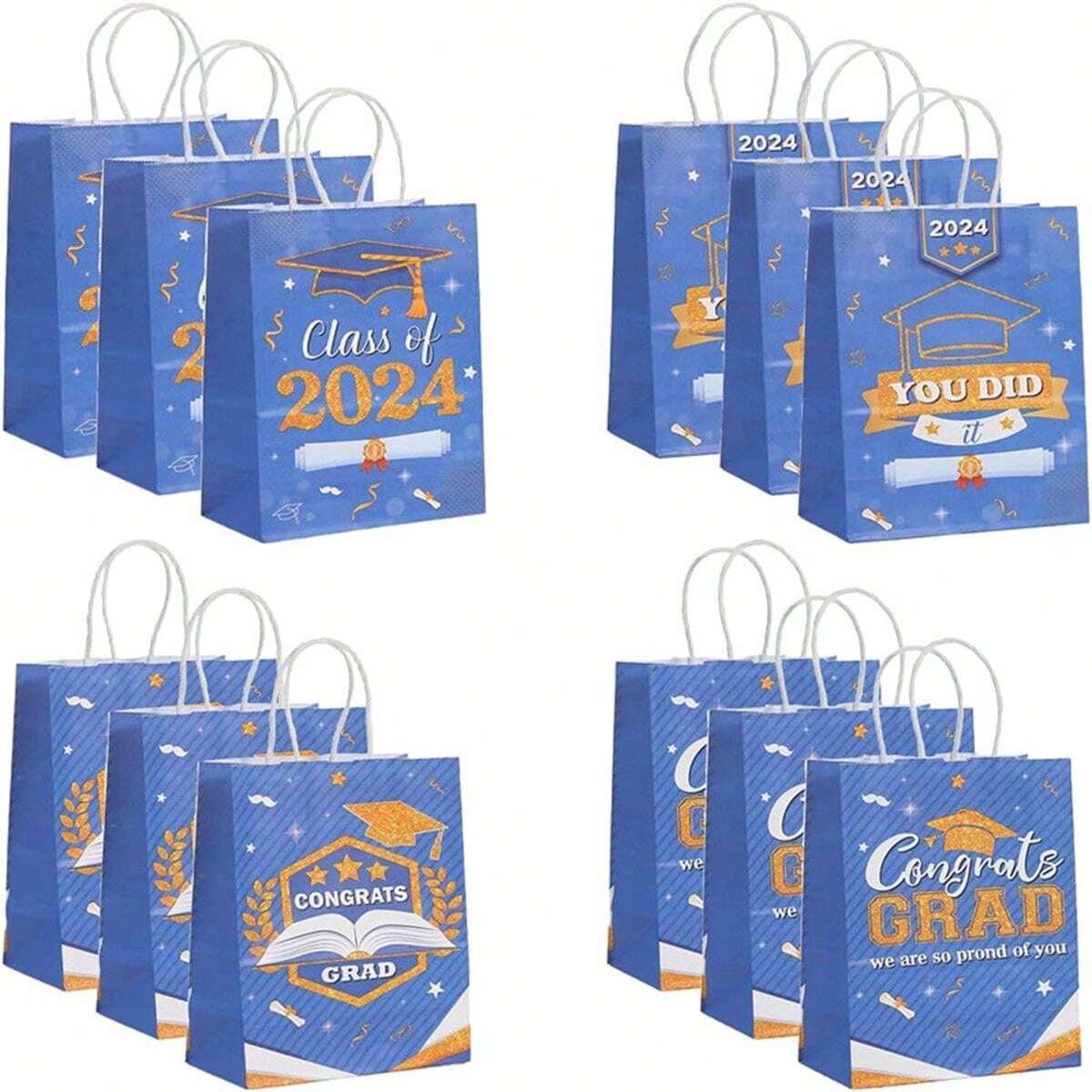 Mixed 12Pcs, Class Of 2024 Graduation Gift Bags With Handle, Kraft Wrap ...