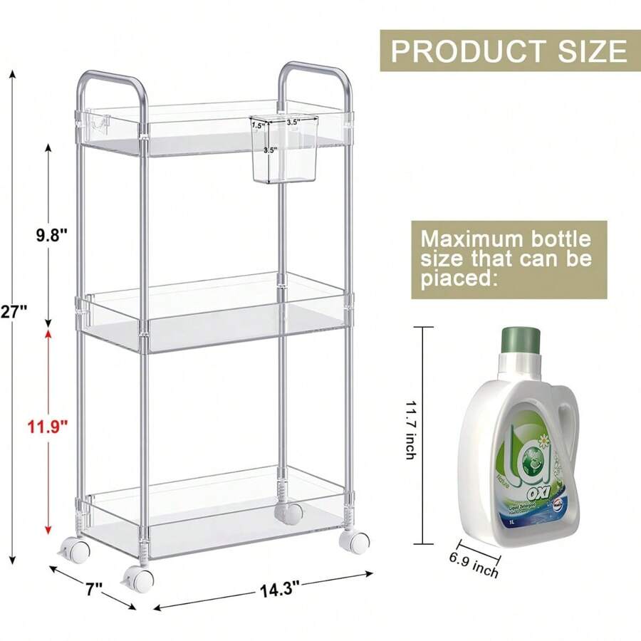 3 Tier Acrylic Storage Rolling Cart Clear Bathroom Cart Organizer ...