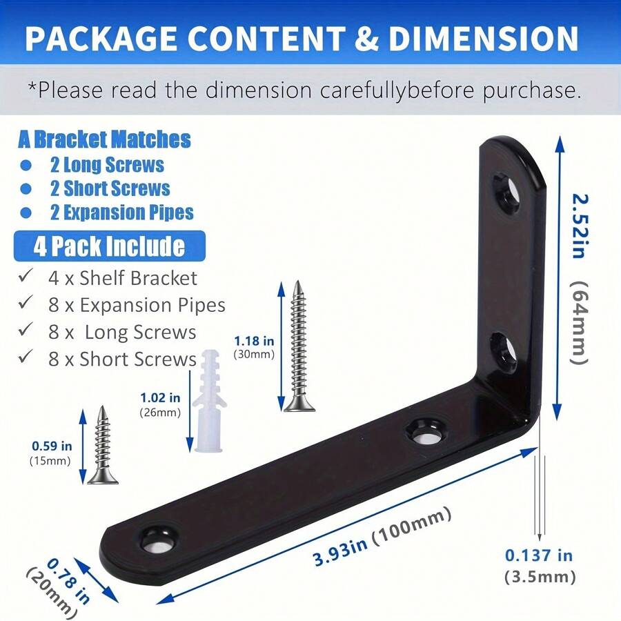 4 Pcs Shelf Bracket,4 Inch Black Floating Shelf Bracket Heavy Duty Meta ...