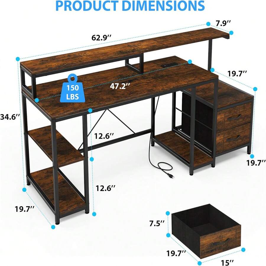 Gaming Desk With LED Strip & Power Outlet, 63" Computer Desk With ...