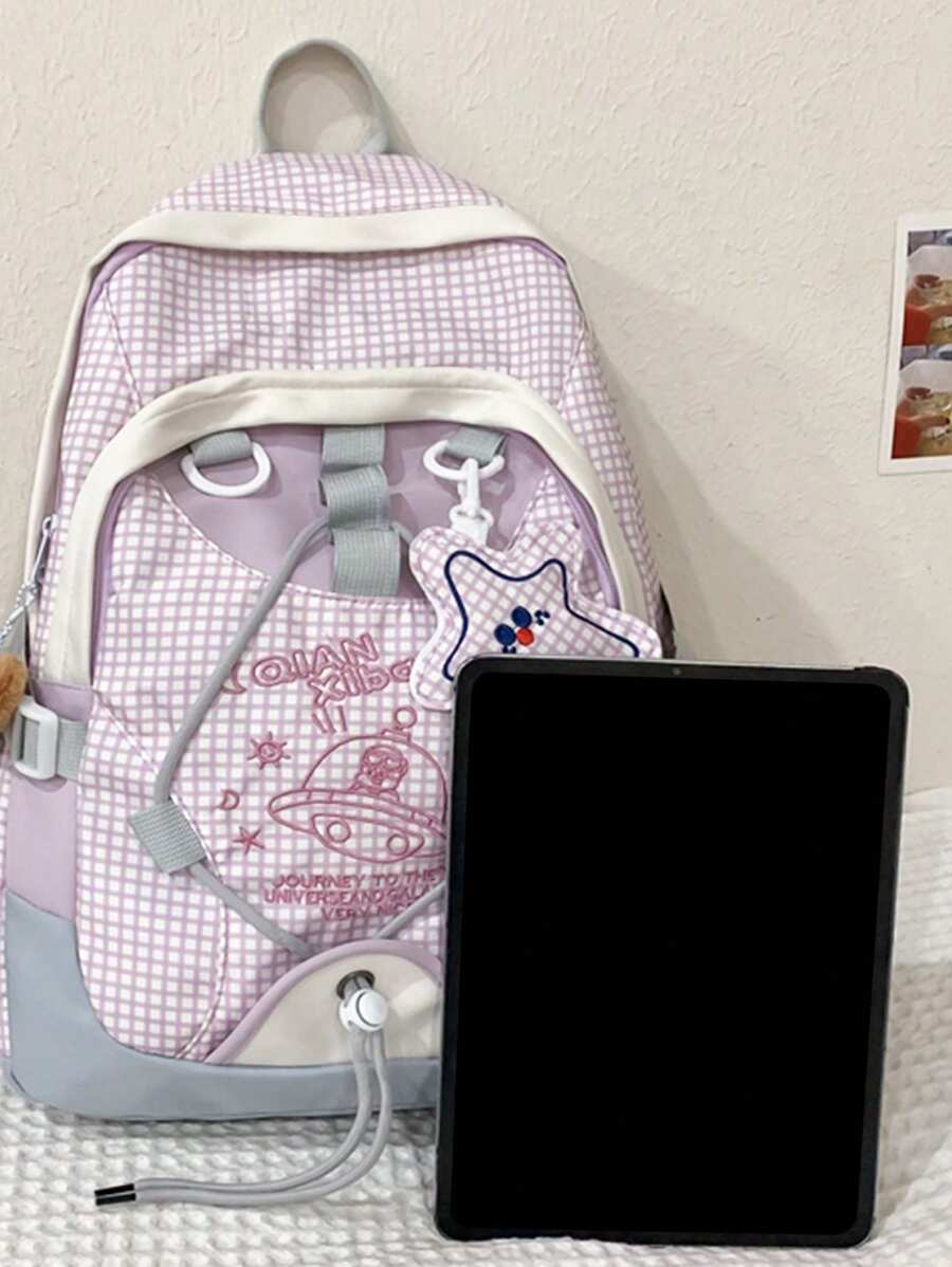 Versatile Drawstring Check Backpack For Women, Star Pendant Large ...