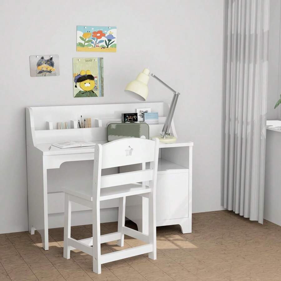 Wooden Kids Desk And Chair Set With Hutch And Storage Cabinet ...