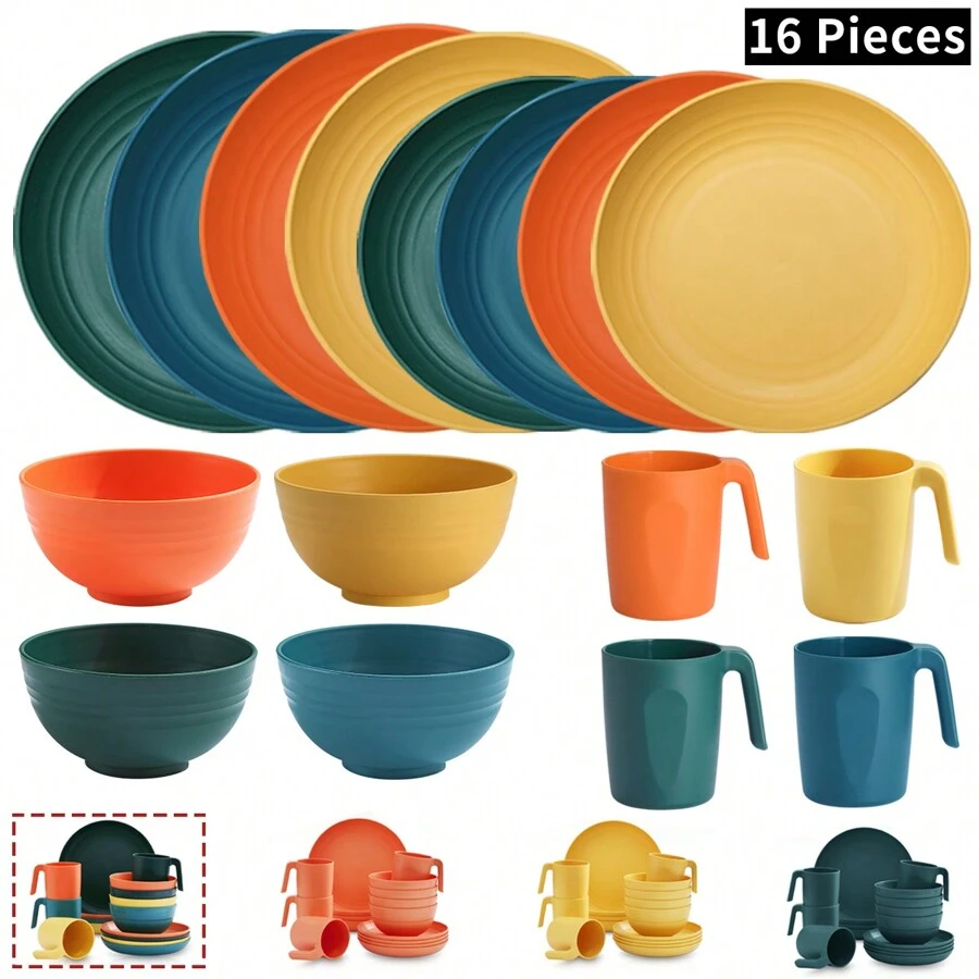 Plastic Dinnerware Set Of 16 Pieces, Unbreakable And Reusable Light ...