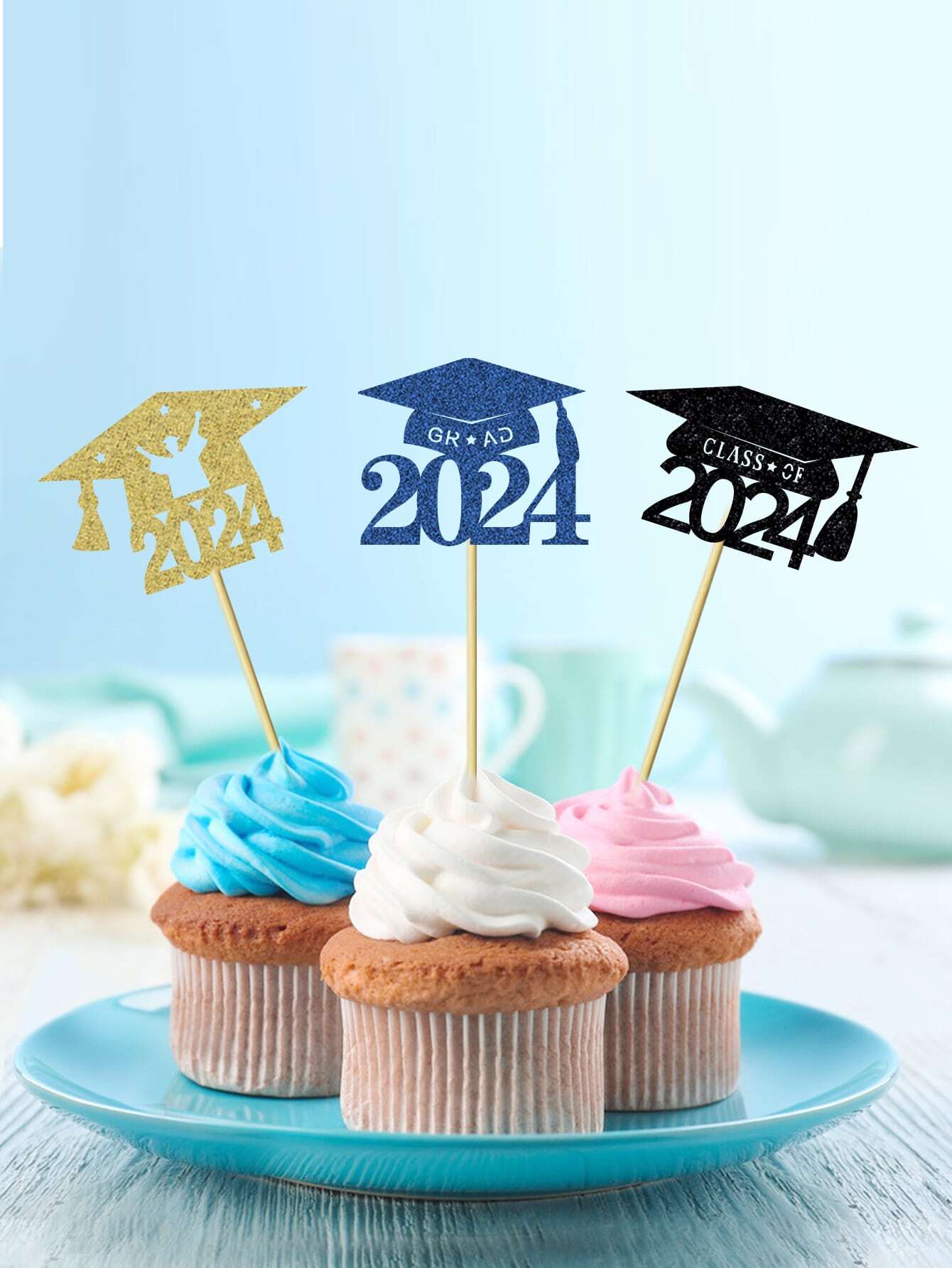 12pcs 2024 Grad Cap Shaped Paper Cake Toppers Decoration, Congrats To ...