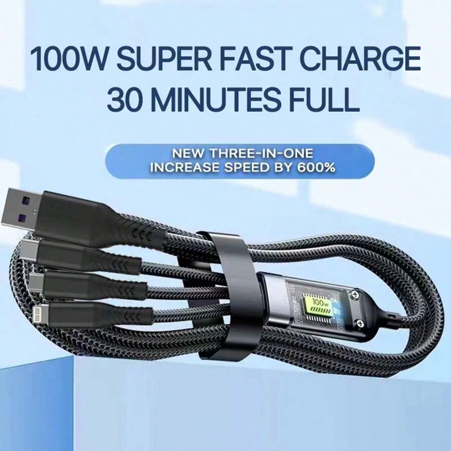 100W Super Fast Charging 3-In-1 Braided Car Charging Cable Compatible ...