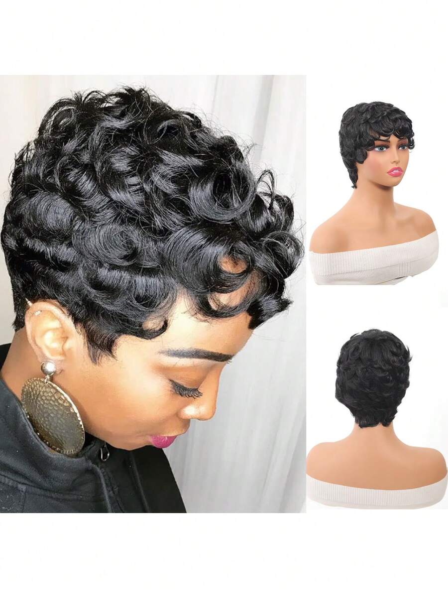 6 Inch Short Small Curly Synthetic Wigs Pixie Cut Wigs For Black Women ...